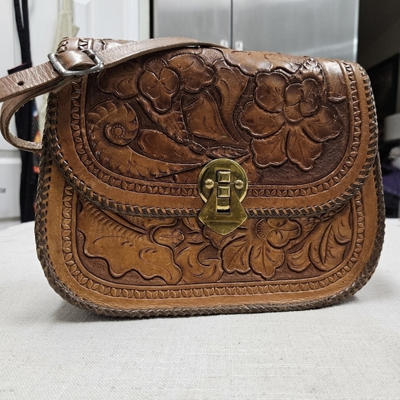 Source Unknown | Bags | Vintage 96s Structured Tooled Leather Brass ...